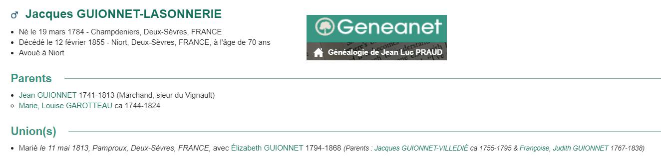 Une fille ; Apolline née le 21/02/1814 à NIORT– DCD le 14/11/1836 à NIORT